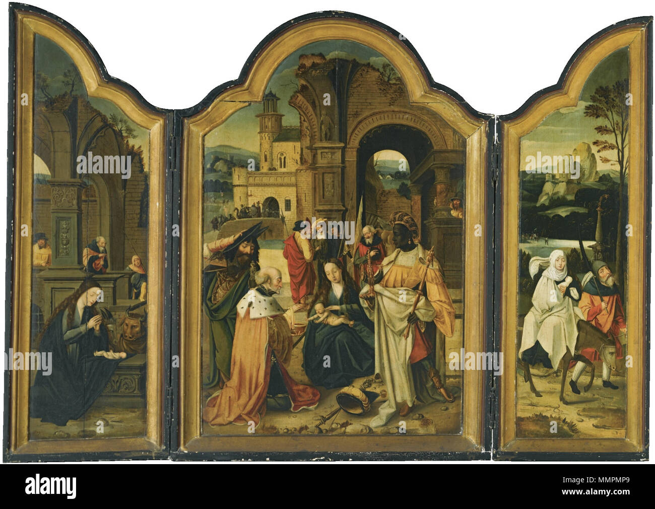 A Triptych: central panel: The Adoration of the Magi; left wing: The Nativity; right wing: The ...