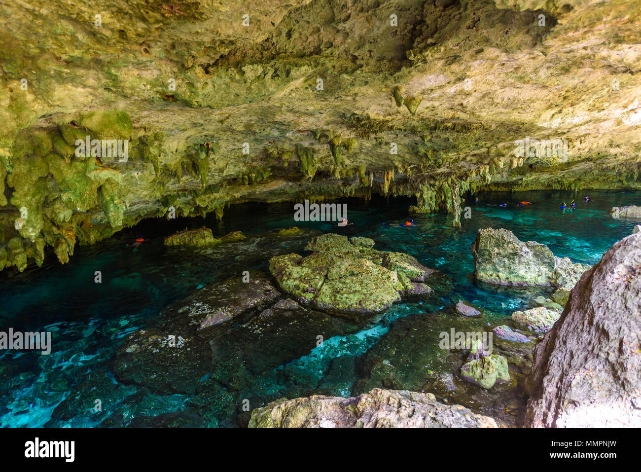 Cenote Dos Ojos in Quintana Roo, Mexico. People swimming and snorkeling ...