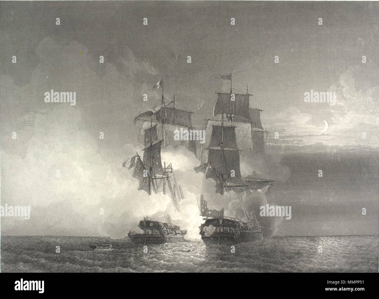 . A depiction of the battle between the French frigate Aréthuse and the ...