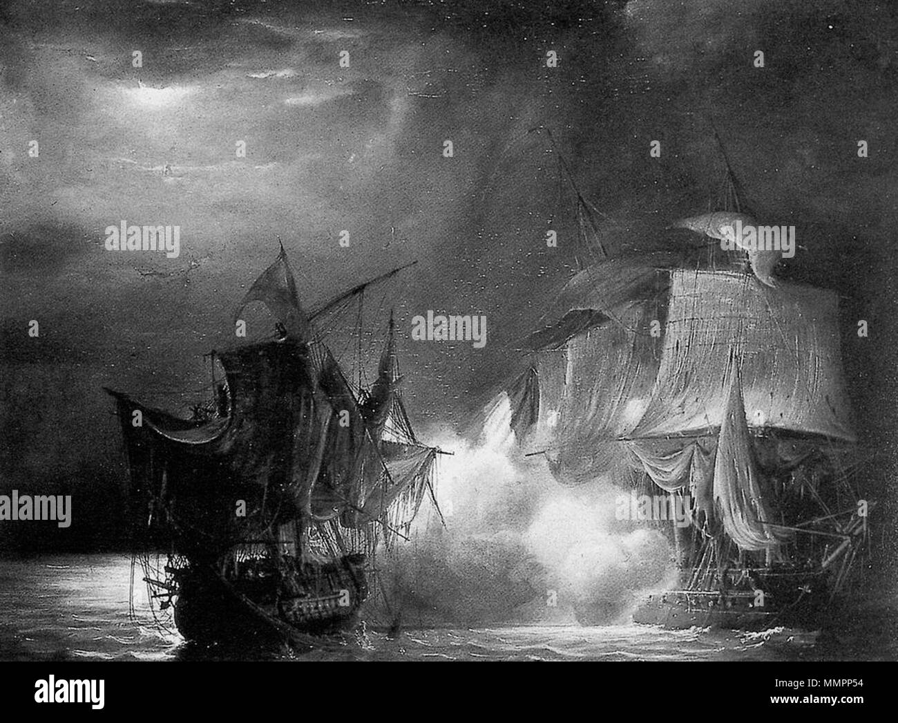. English: A depiction of the battle between the French frigate ...