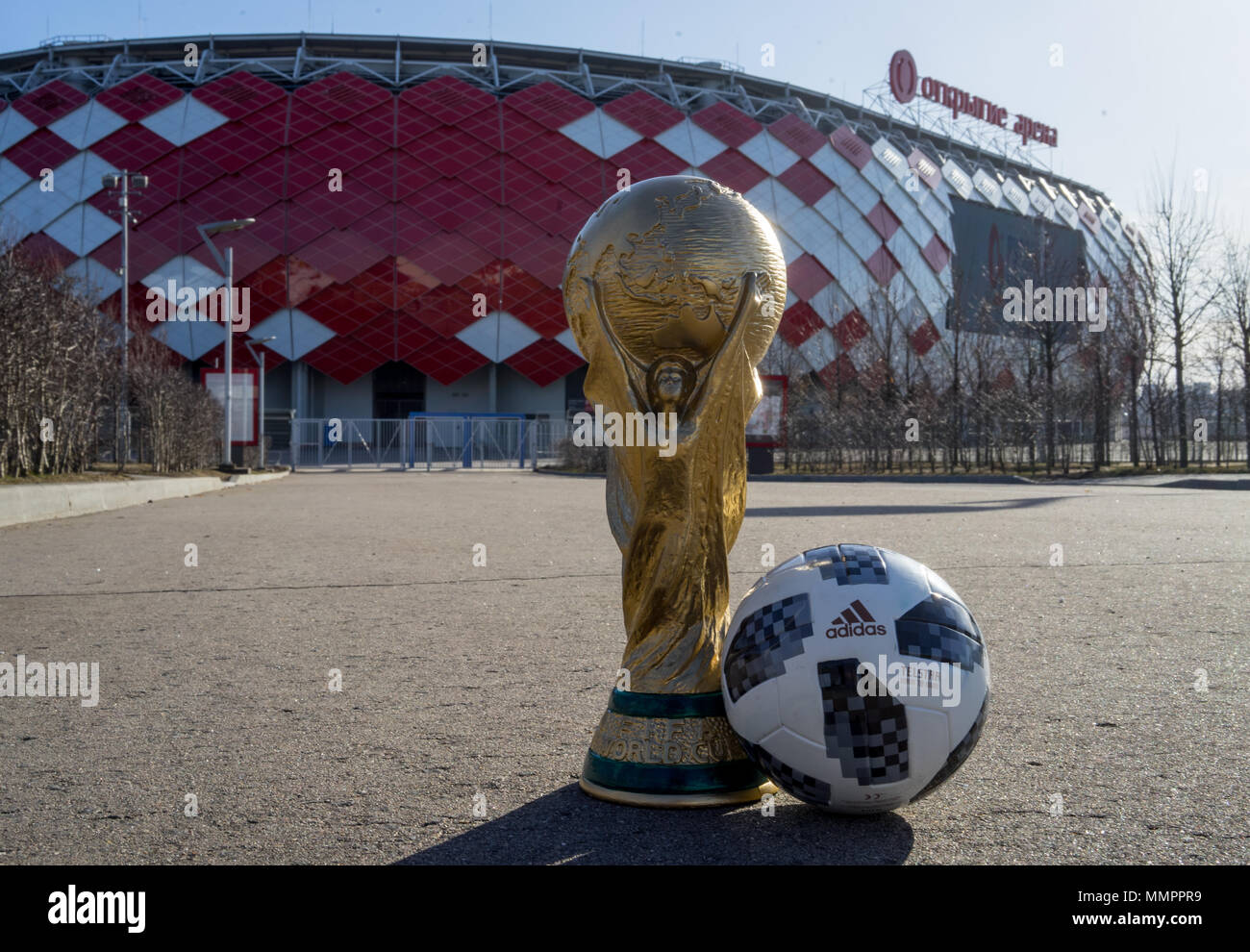 April 9, 2018 Moscow, Russia Trophy of the FIFA World Cup and official ...