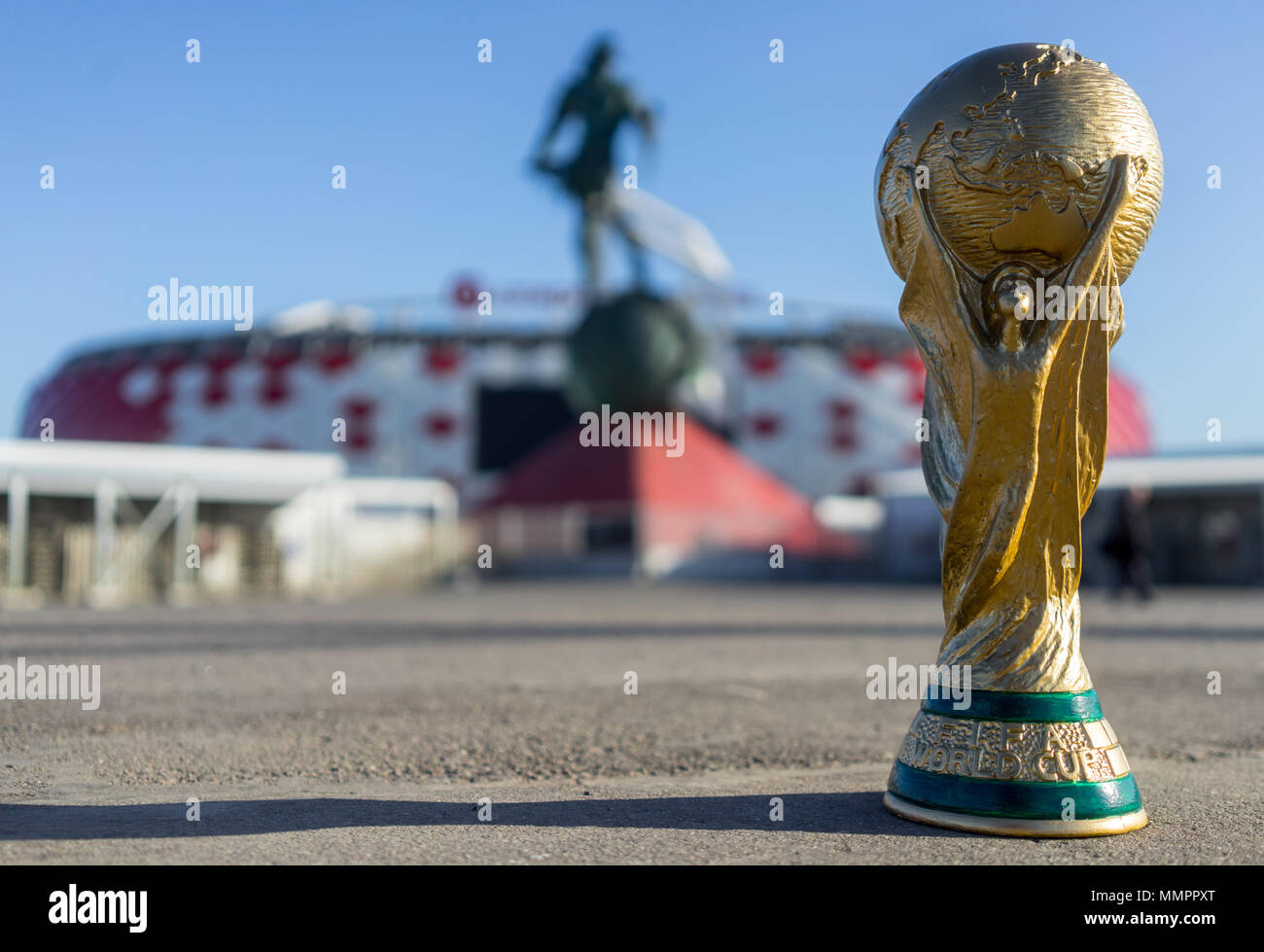 April 9, 2018 Moscow, Russia Trophy of the FIFA World Cup against the ...