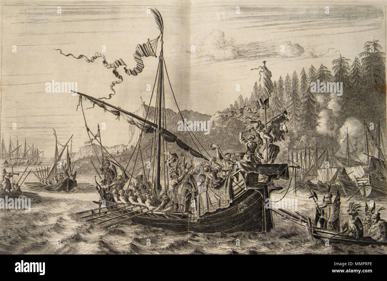 . Stenka Razin throws persian princess in Volga-river. Engraving from ...