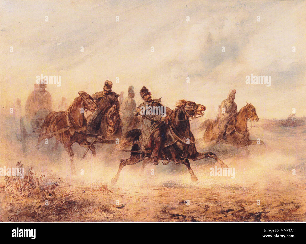German: Reiterszene aus dem ungarischen Feldzug. 1851. August von ...