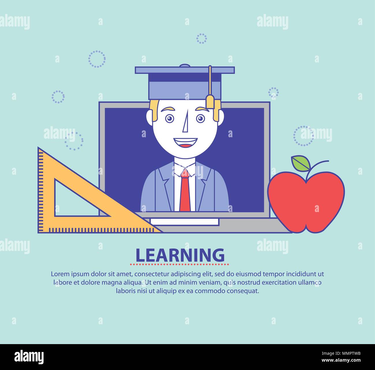 graduate boy in laptop ruler and apple online learning education vector ...