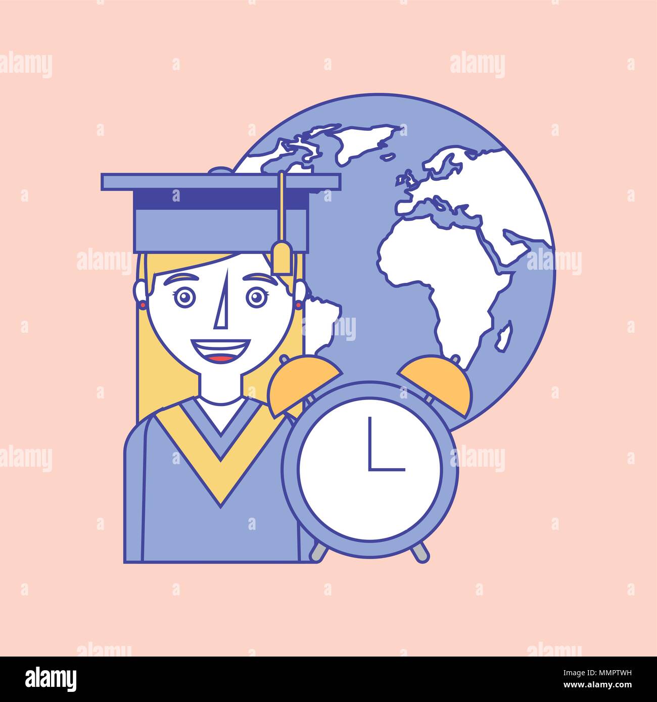 graduate girl world clock time learning education vector illustration ...