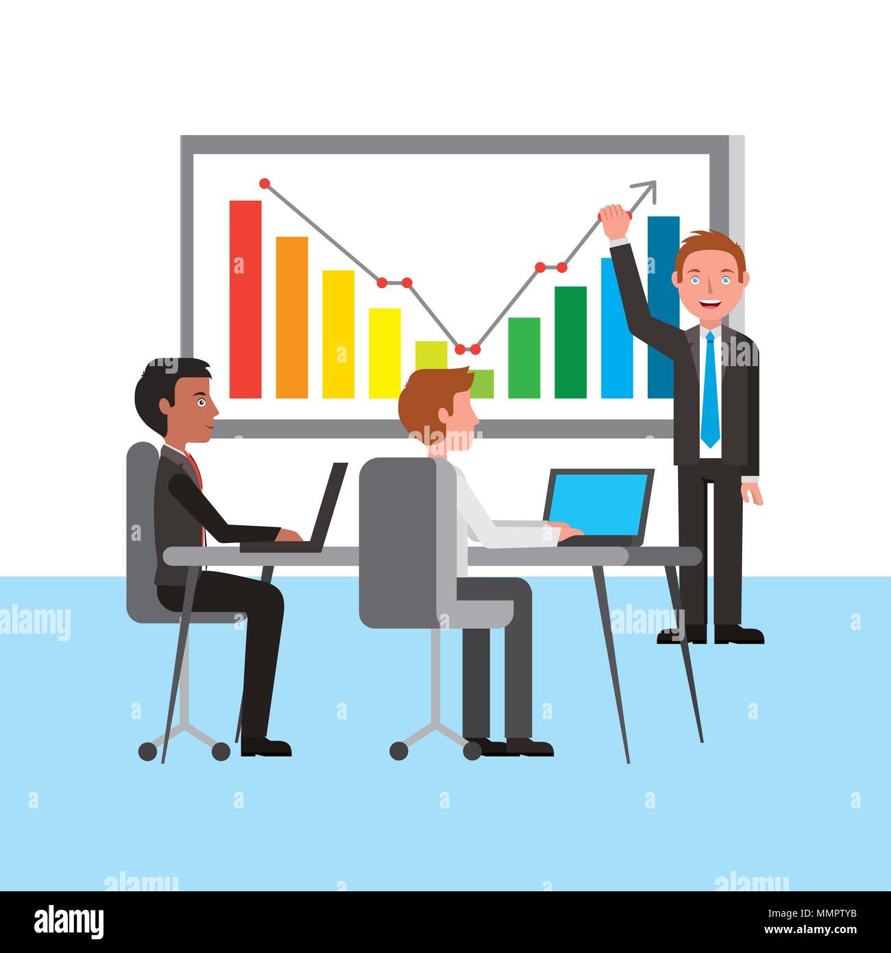 businessman pointing board presentation men working using laptops ...