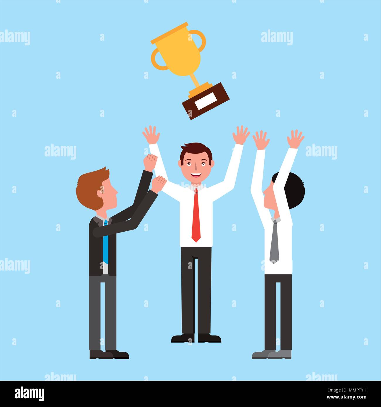 three business men with trophy celebration winner vector illustration ...