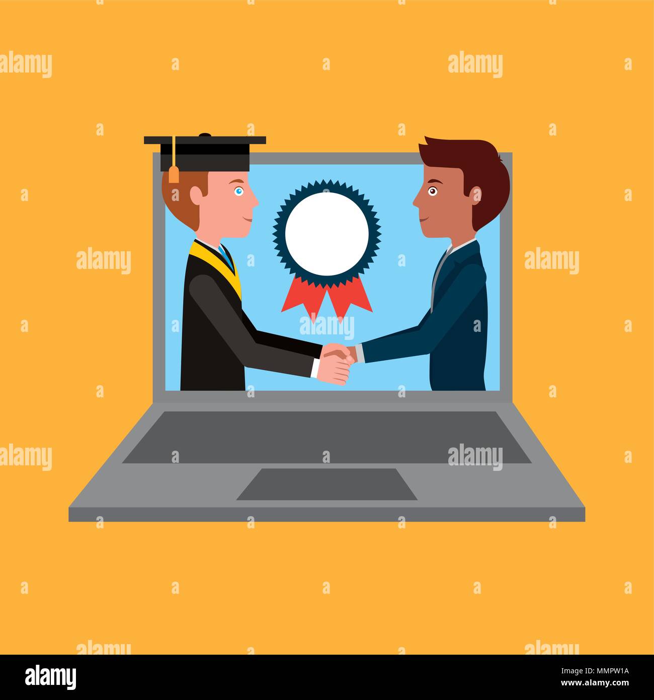 teacher and graduate student handshake on laptop learning vector ...