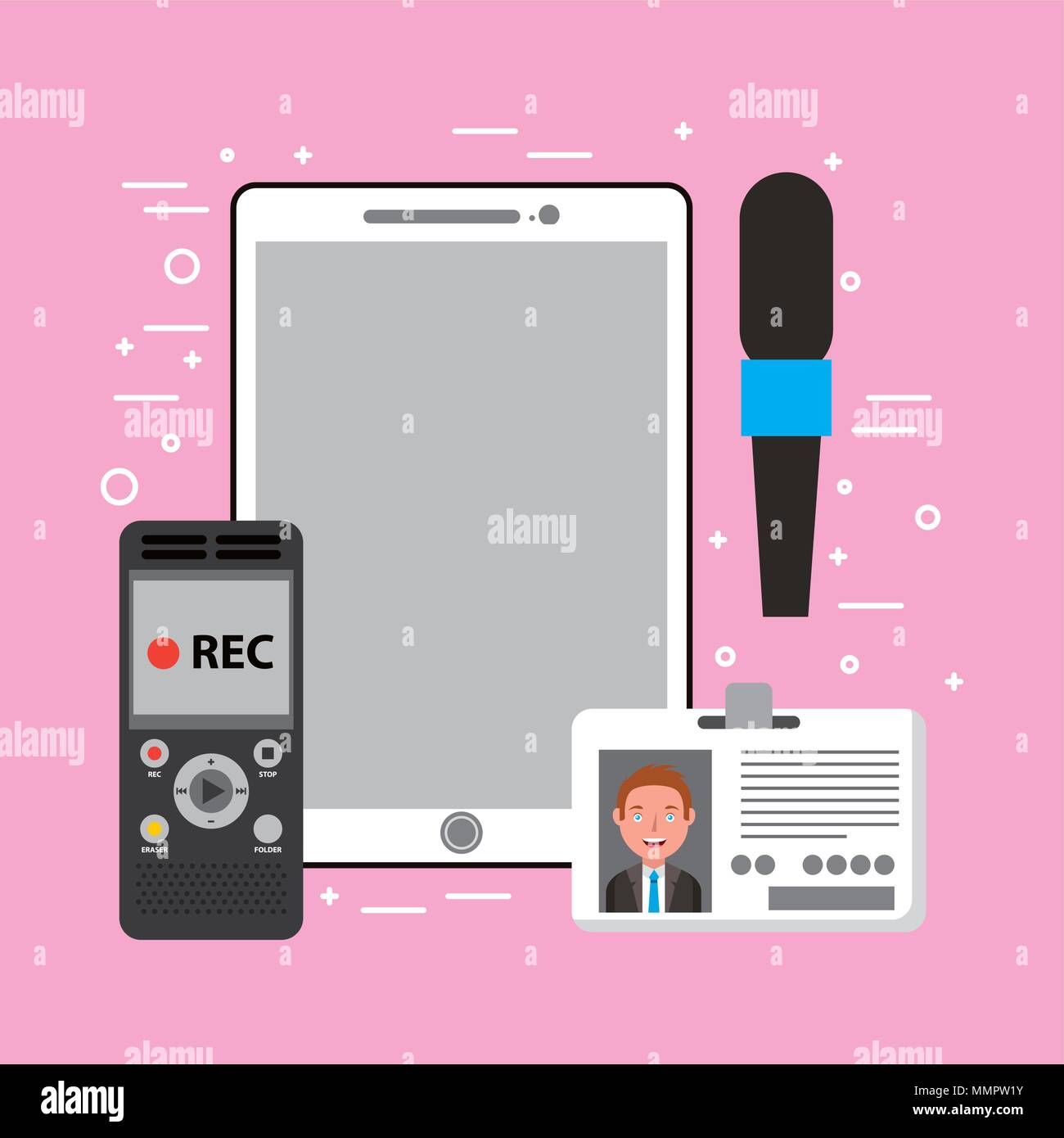 journalist equipment mobile phone microphone voice recorder id card ...