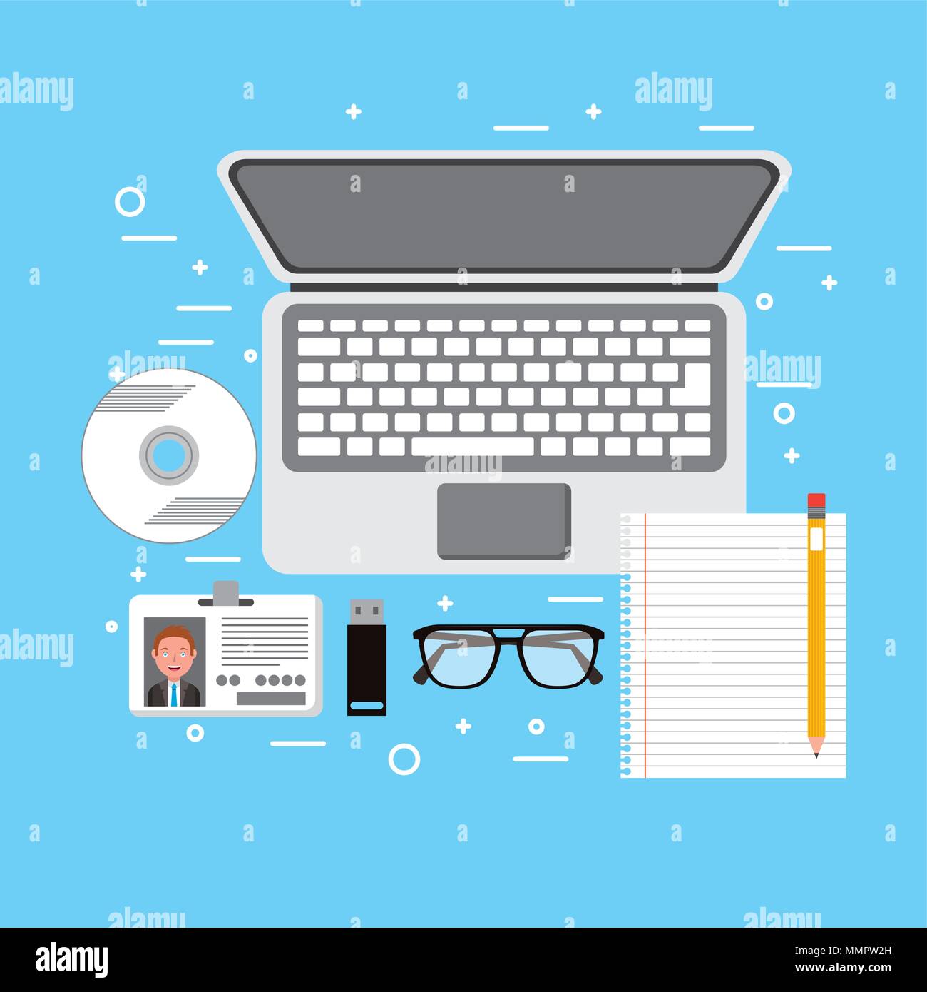 laptop usb paper pencil cd id card and glasses vector illustration ...