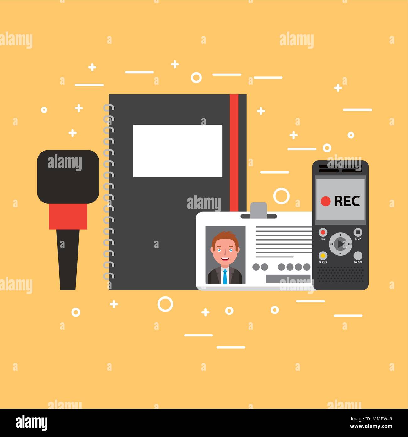 notebook id card voice recorder and microphone vector illustration ...