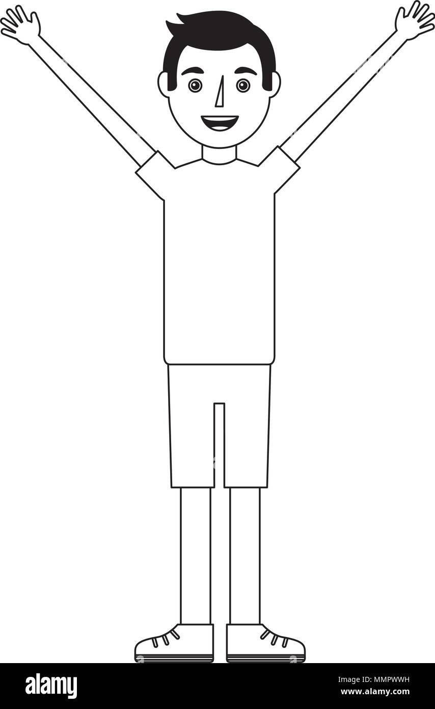happy man standing raised arms character vector illustration thin line ...