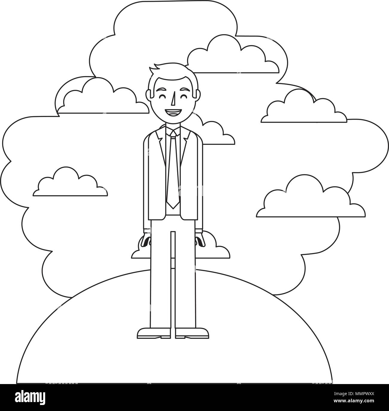 man standing in landscape clouds sky vector illustration thin line ...