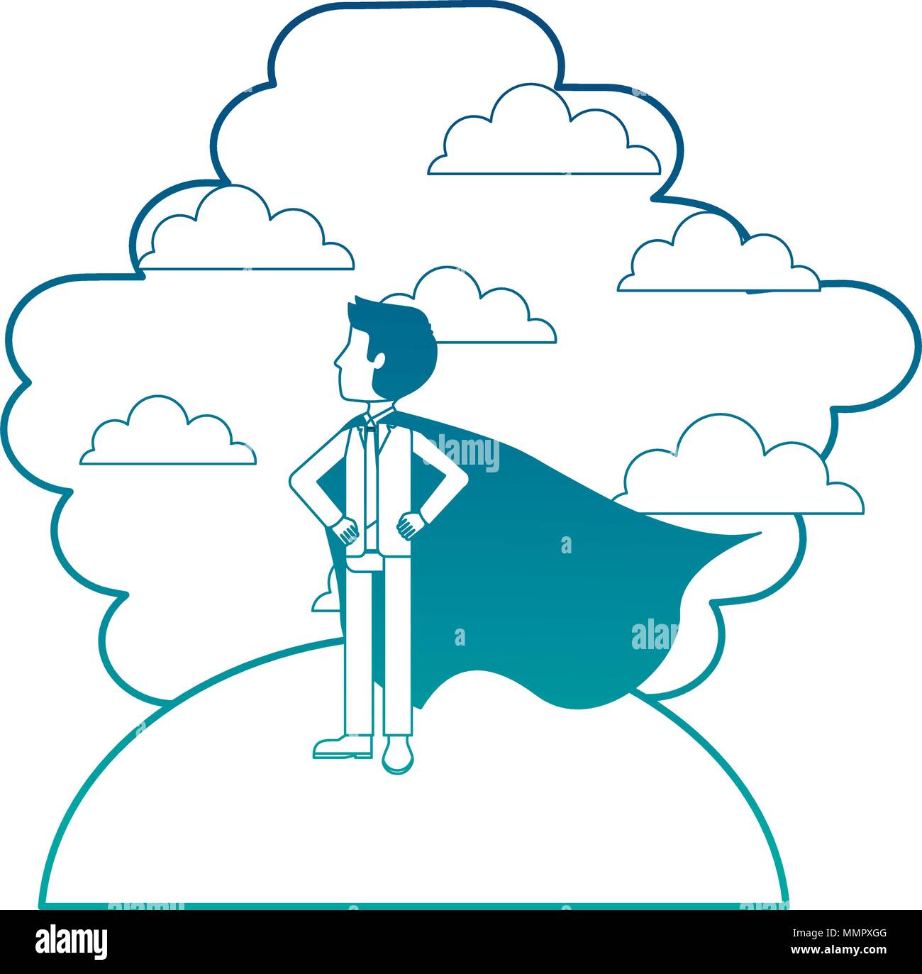 hero man using cape standing in landscape clouds sky vector ...