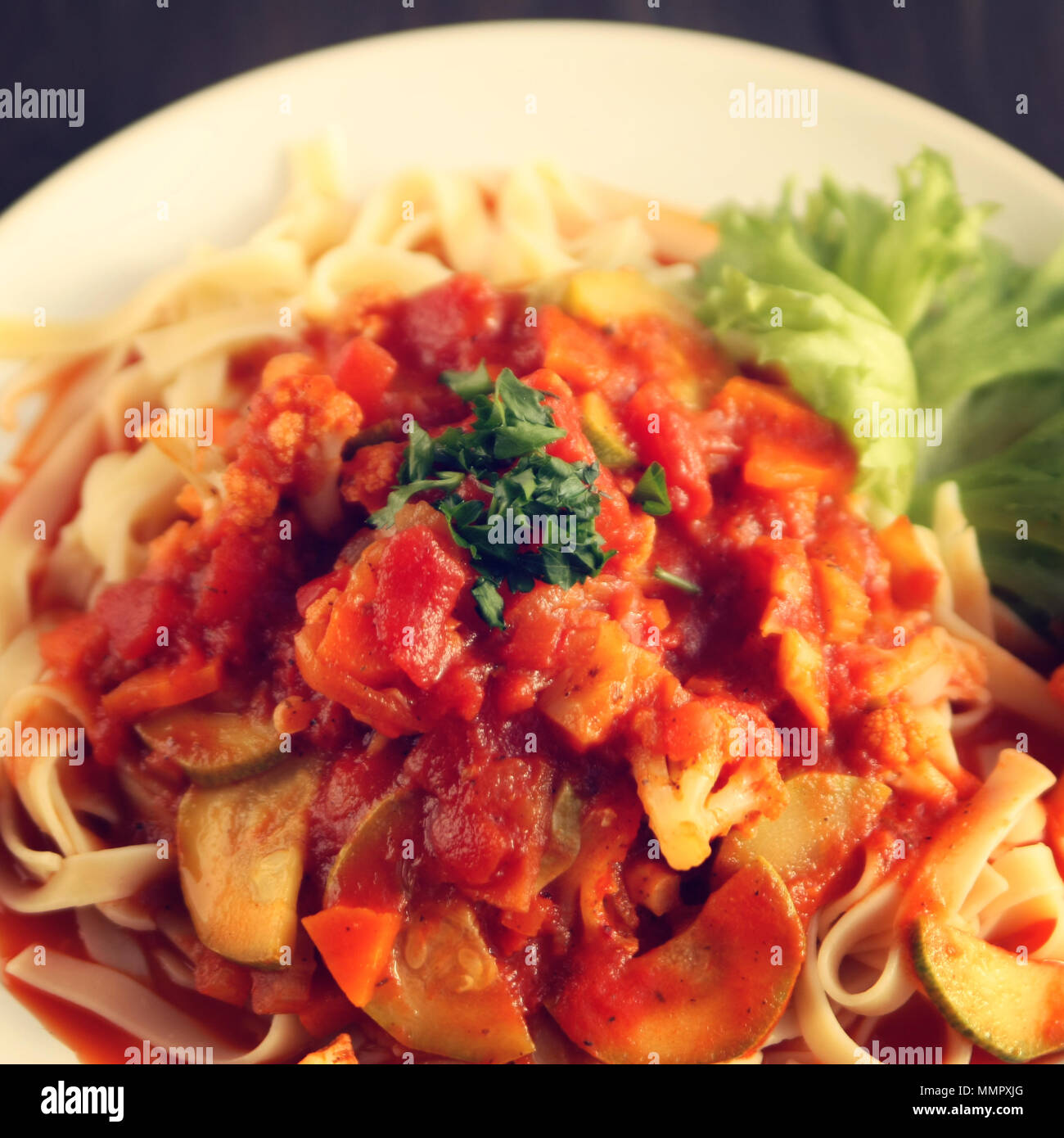 Ribbon pasta with Arrabiata sauce. Close up. Mediterranean dish ...