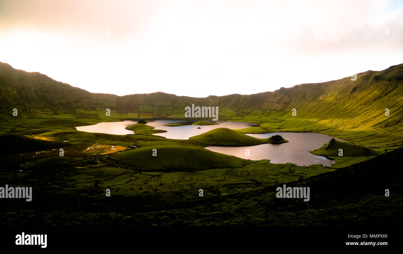 Landscape sunset view to Caldeirao crater at Corvo island, Azores ...