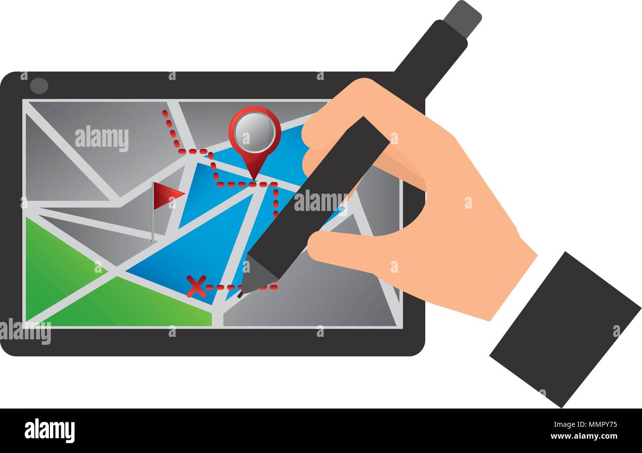 hand holding digital pen on screen with gps navigation map vector ...