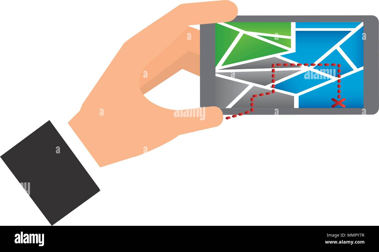 hand holding mobile phone with navigation application gps vector ...