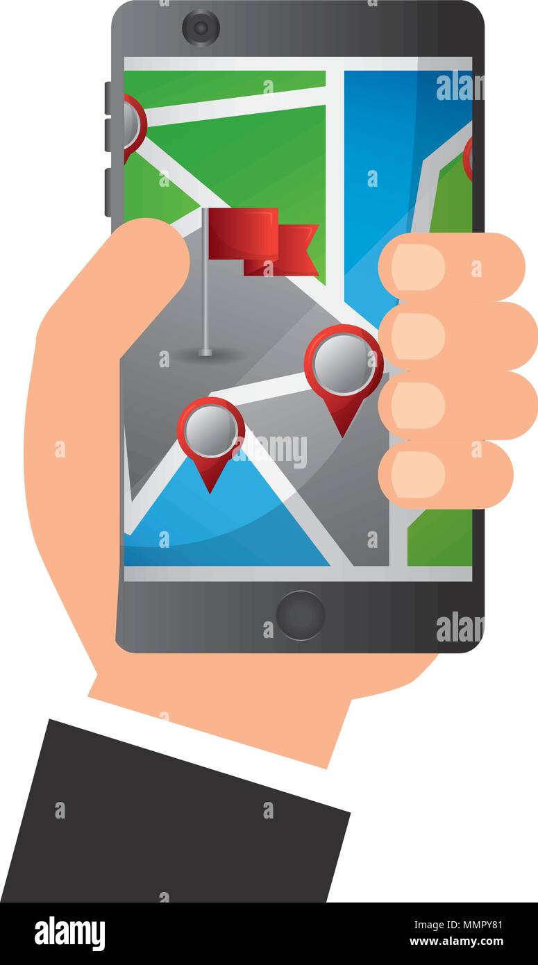 hand holds smartphone map gps navigation flag pin vector illustration ...