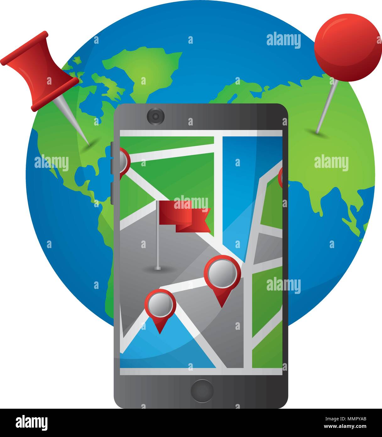 hand touching on screen map mobile app gps navigation vector ...