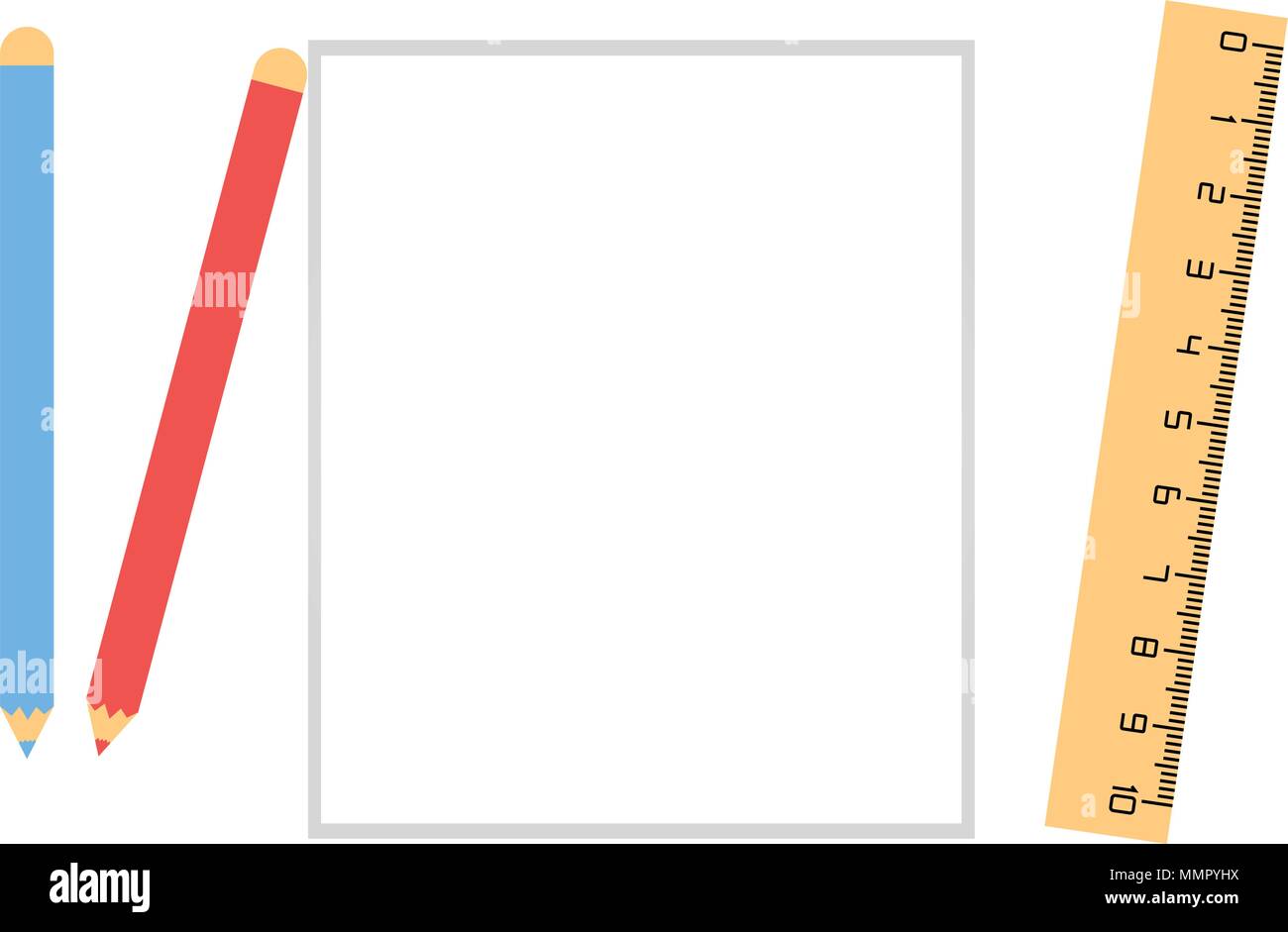 White sheet of paper with a pencil and ruler on a white background ...