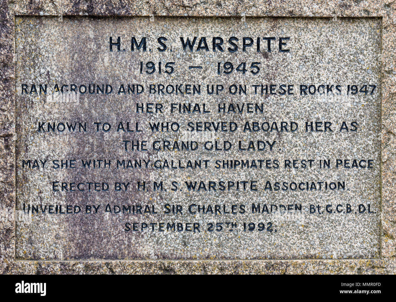 A commemorative plaque to the crew of HMS Warspite which capsized and ...