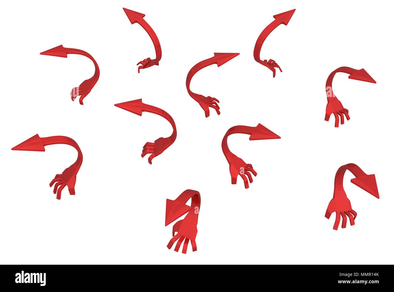 Red arrow short creeping arm symbols group, 3d illustration, horizontal ...