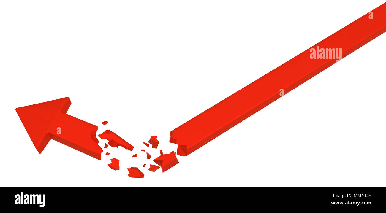 Red symbolic arrow break, 3d illustration, horizontal, over white ...
