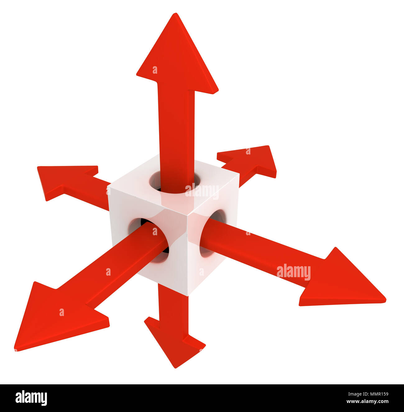Red symbolic arrows emerging from cube, 3d illustration, horizontal ...