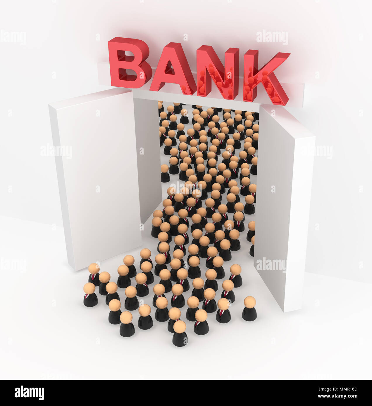 Crowd of small symbolic businessmen figures, bank doors exiting, 3d ...