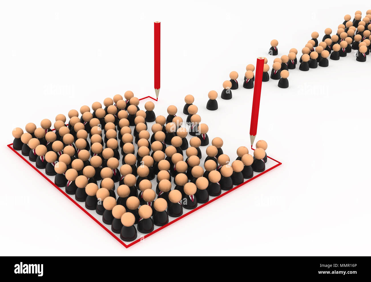 Crowd of small symbolic businessmen figures, red line box draw, 3d ...