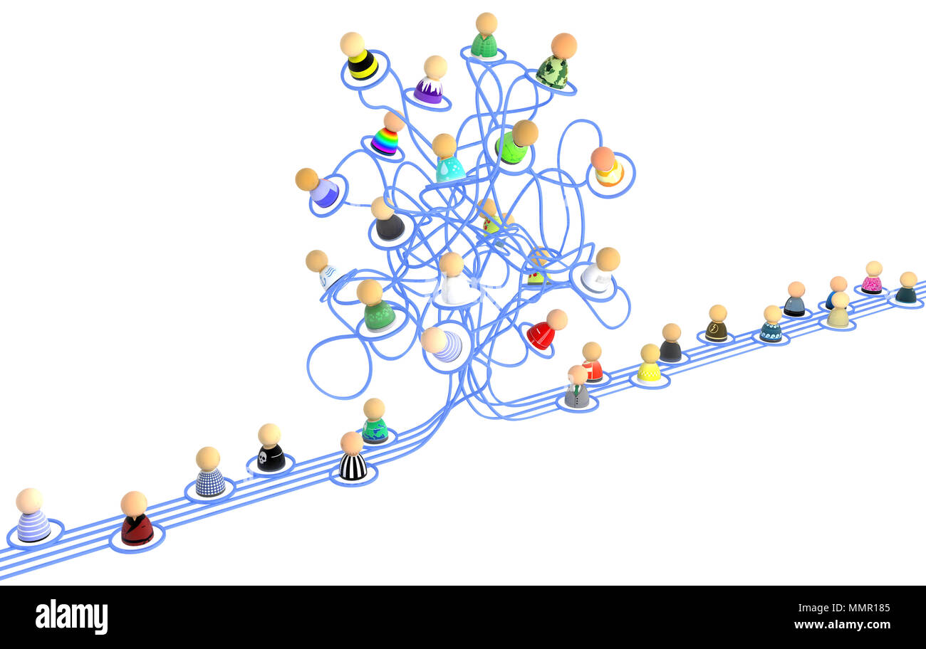 Crowd of small symbolic 3d figures linked by lines, tangled chaotic ...