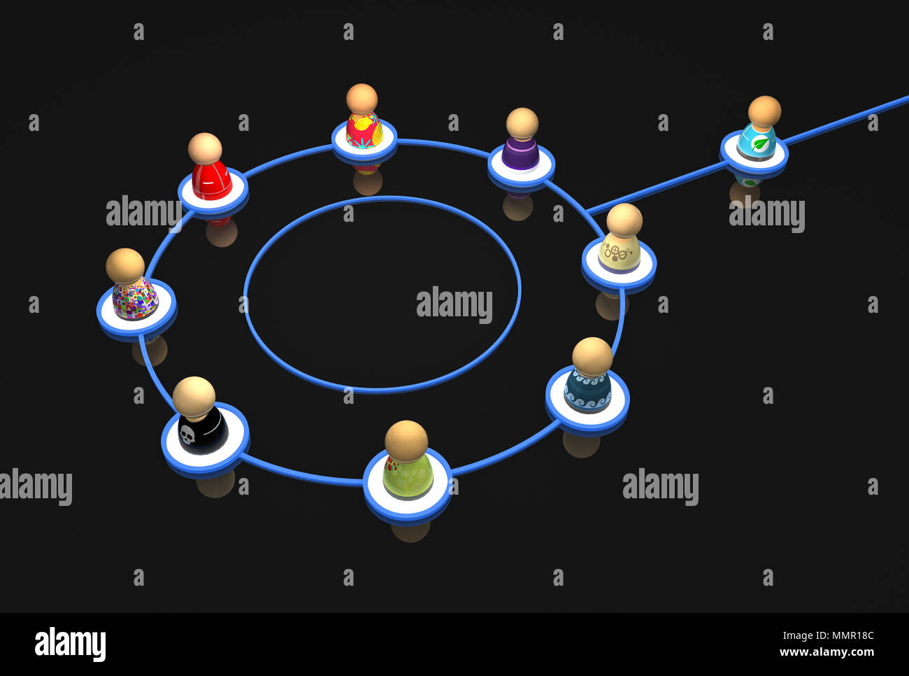 Group of small symbolic figures linked by lines, 3d illustration ...