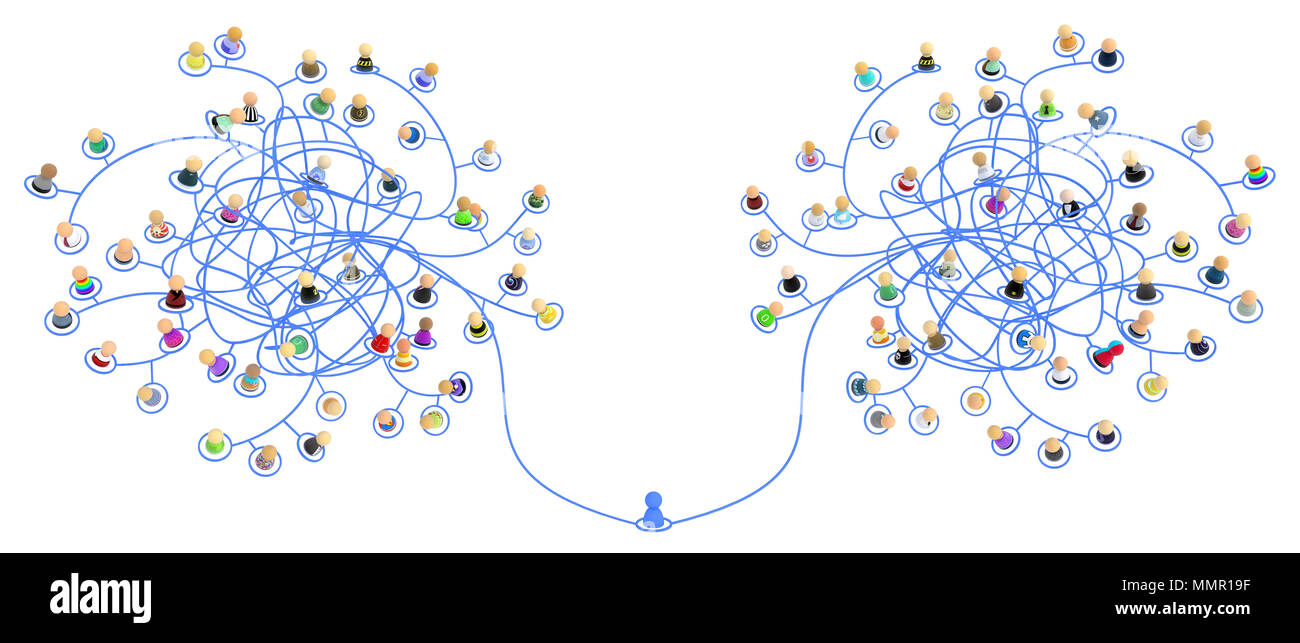Crowd of small symbolic 3d figures linked by lines, tangled chaotic ...