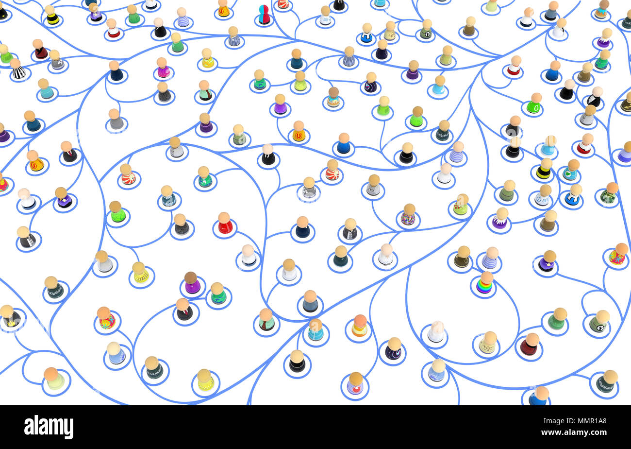 Group of small symbolic figures linked by lines, 3d illustration ...