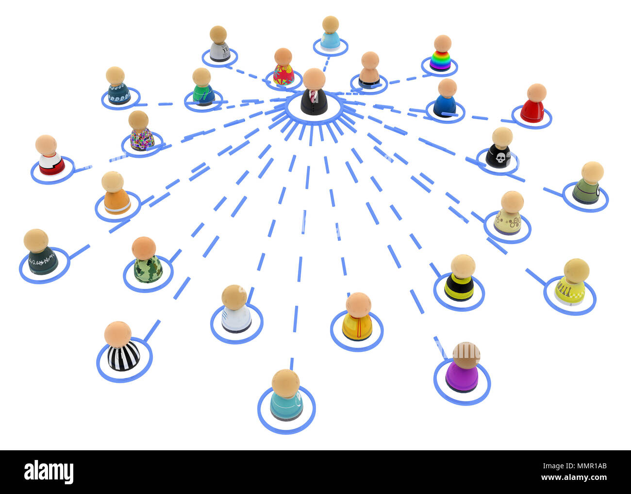 Group of small symbolic figures linked by lines, 3d illustration ...