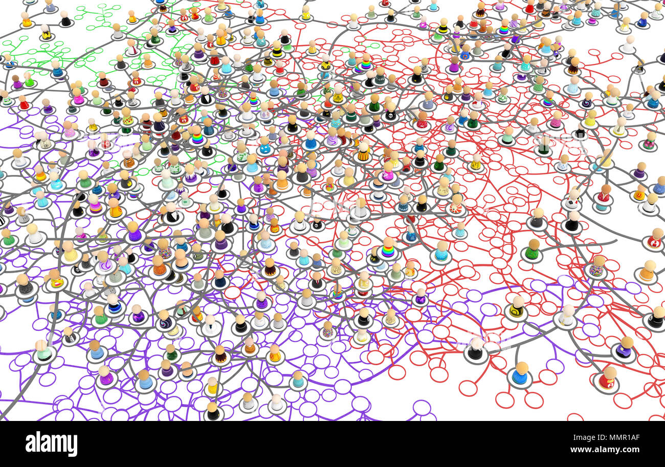 Crowd of small symbolic 3d figures linked by lines layered network ...
