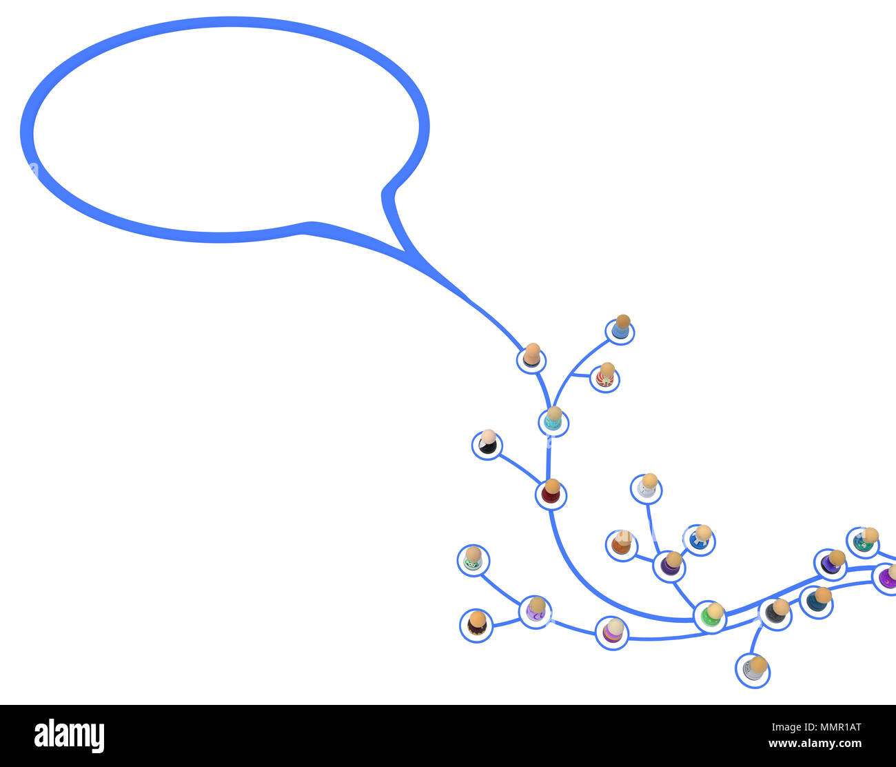Crowd of small symbolic 3d figures linked by lines, speech bubble end ...