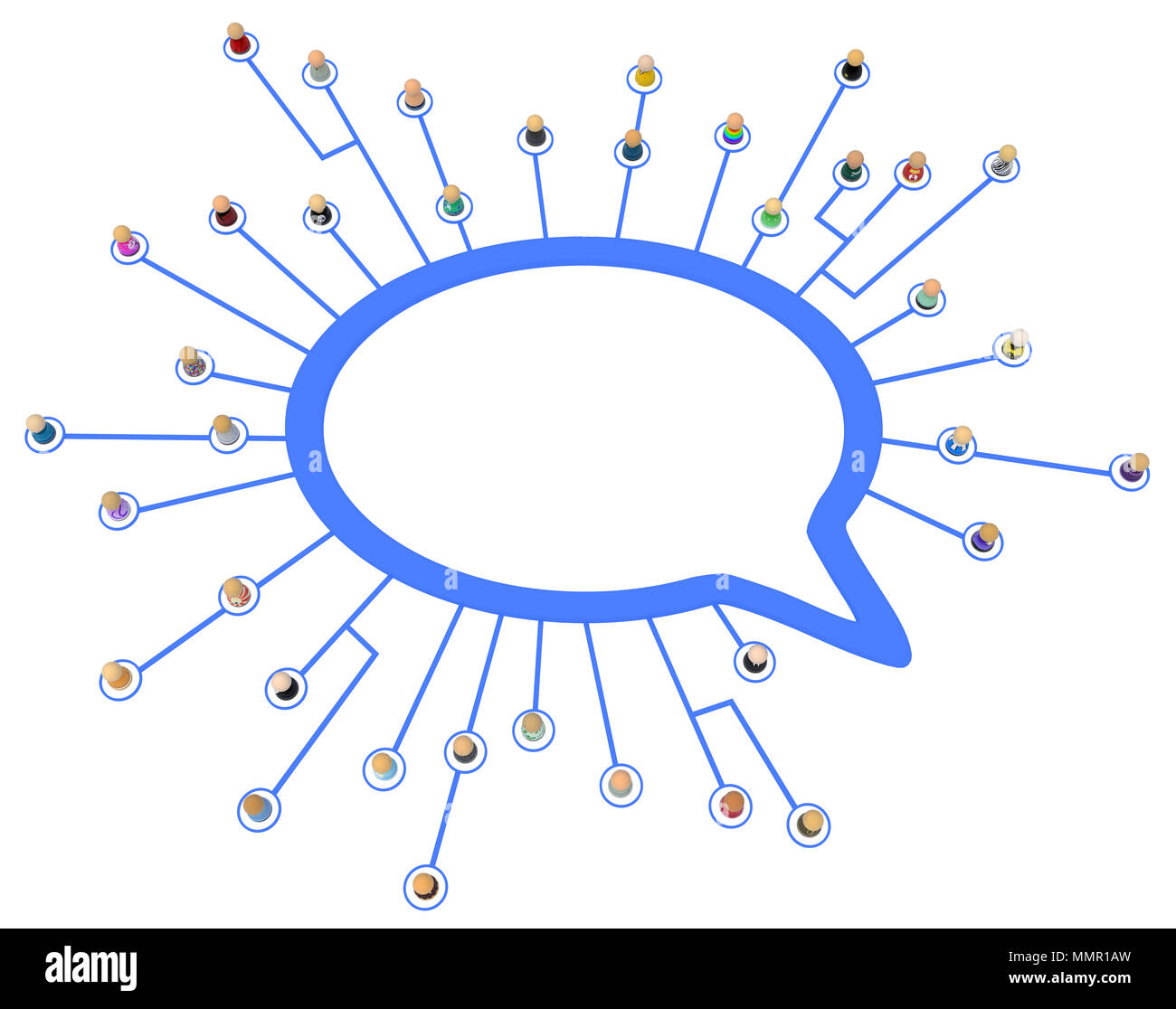 Crowd of small symbolic 3d figures linked by lines, speech bubble ...