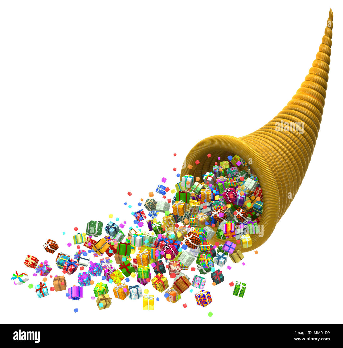 Gift boxes large group cornucopia 3d illustration, horizontal, isolated ...