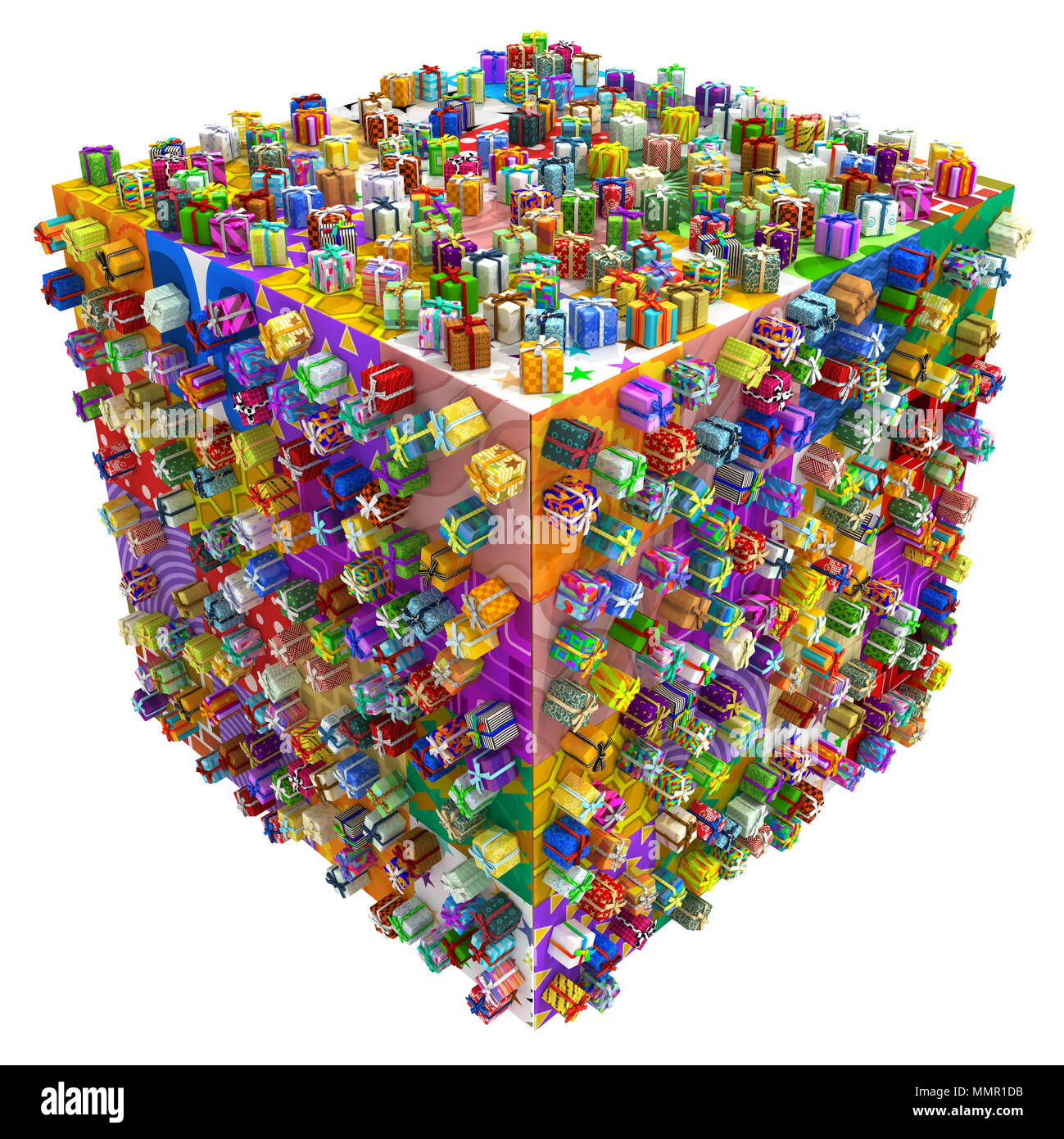 Gift boxes large group cube 3d illustration, horizontal, isolated, over ...