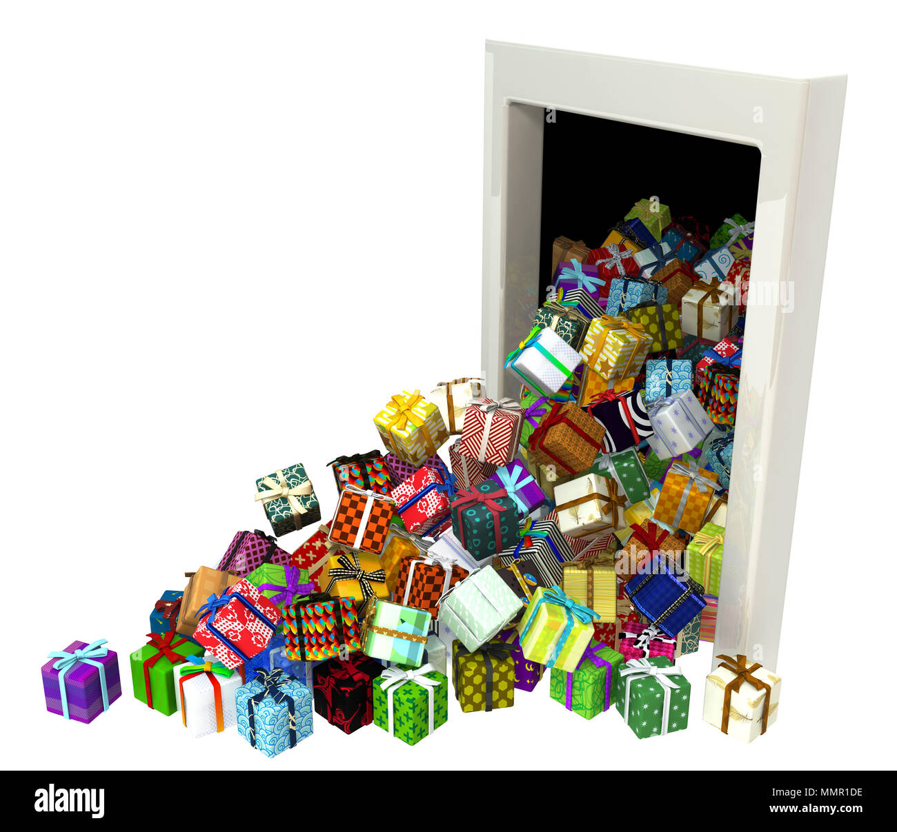 Gift boxes large group 3d illustration, open door falling out, isolated ...