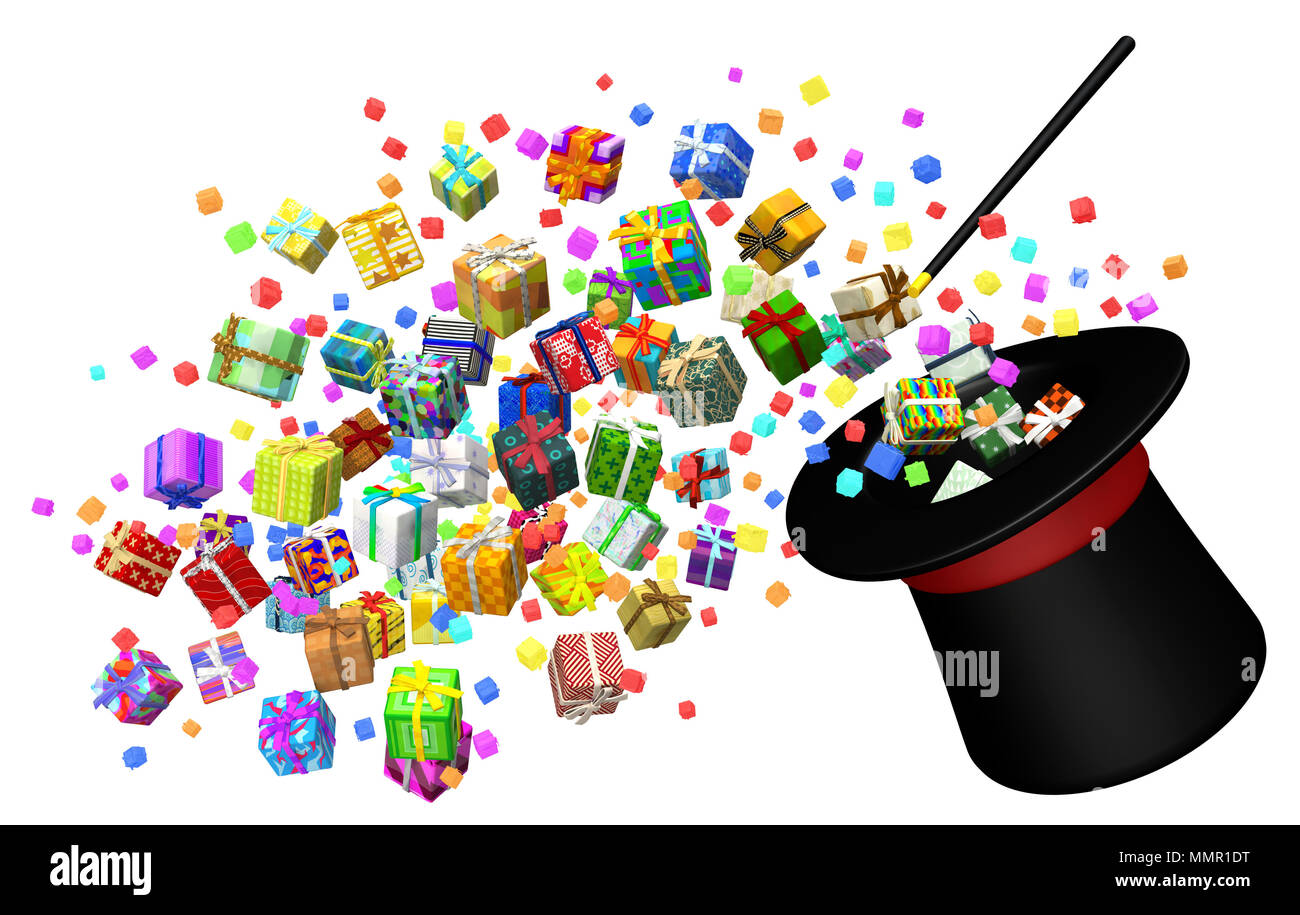 Gift large group 3d illustration, magic trick hat, horizontal, isolated ...