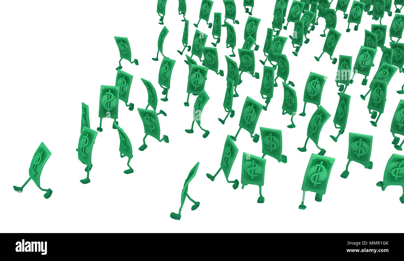 Dollar money symbol cartoon characters running crowd, 3d illustration ...