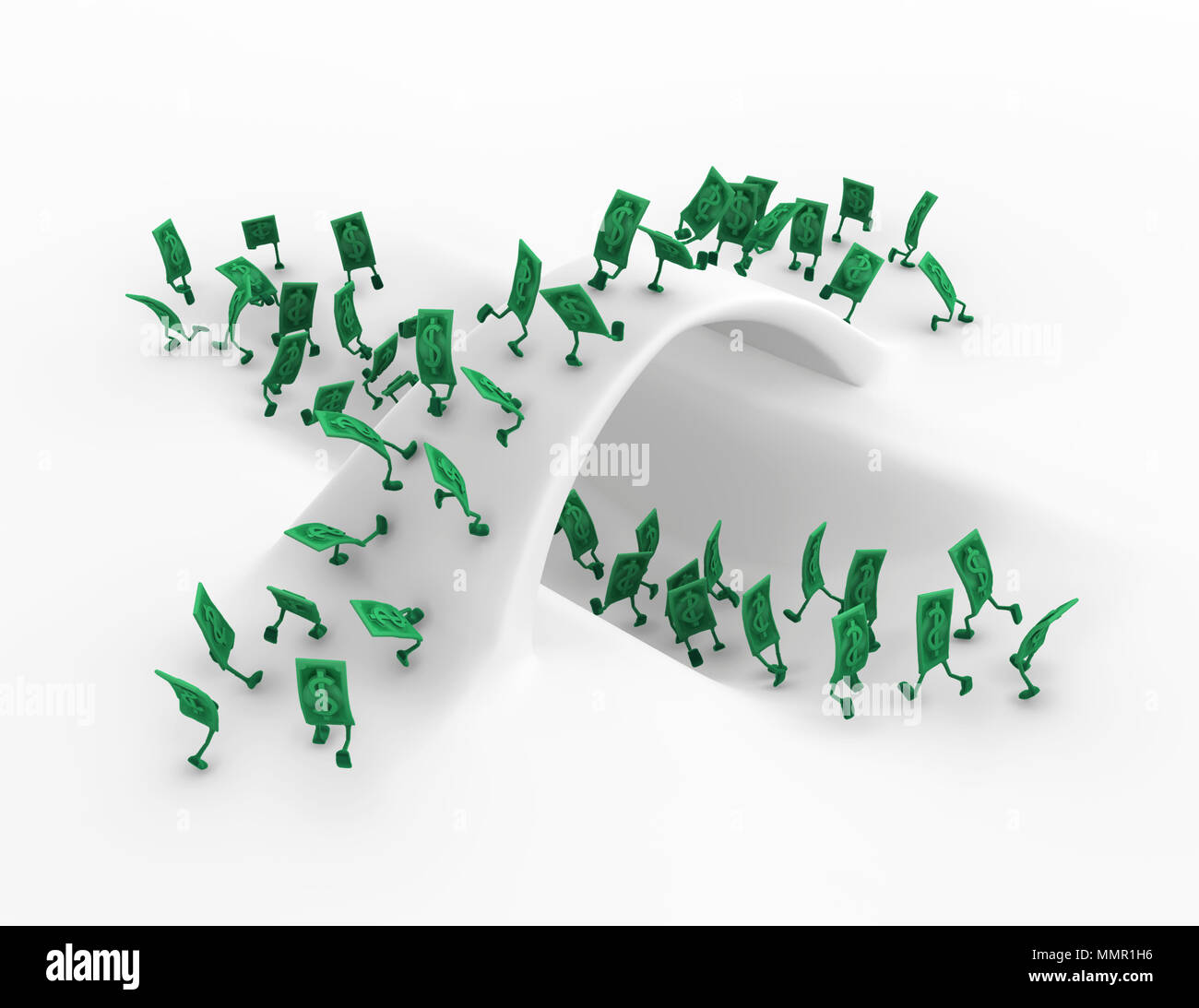 Dollar money symbol cartoon characters running over under bridge white ...