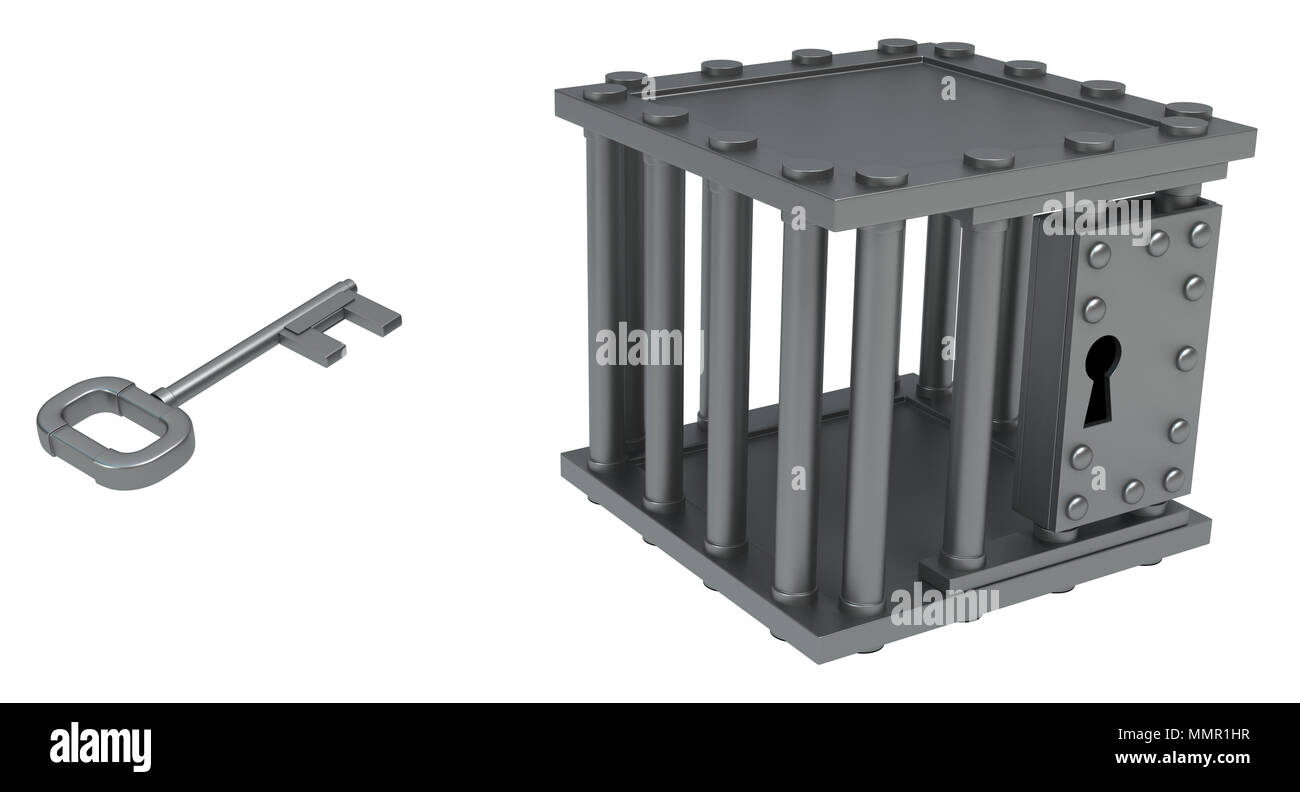Cage with key, dark metal 3d illustration, isolated, horizontal, over ...