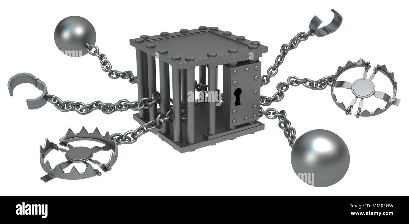 Traps chain with cage center, dark metal 3d illustration, isolated ...