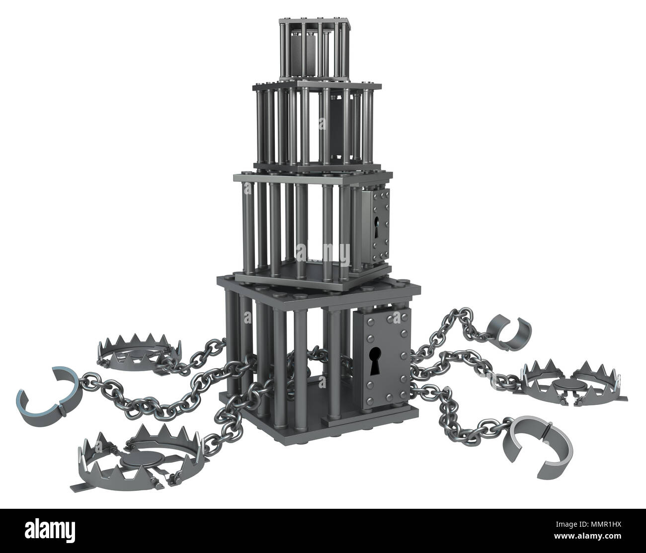 Traps chain with cage stack, dark metal 3d illustration, isolated ...