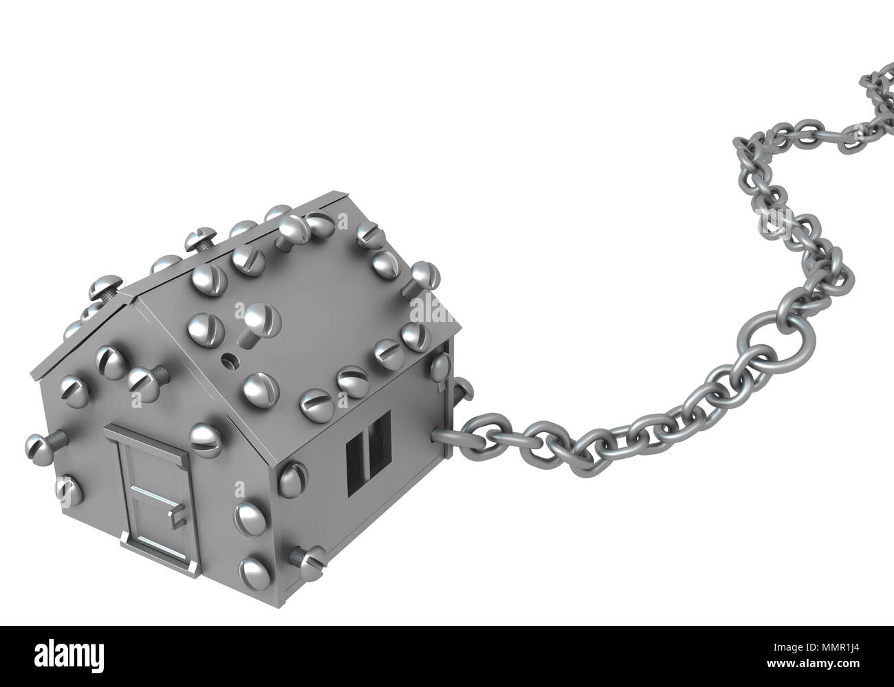 Metal plate small house symbol one chained, 3d illustration, horizontal ...